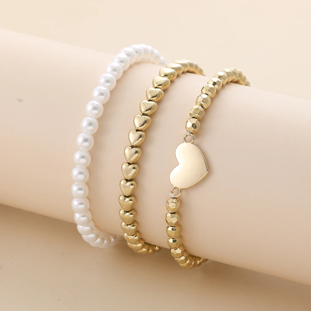 Simple-Gold-Color-CCB-Round-Heart-Beaded-Bracelet-Set-Simulated-Pearl ...