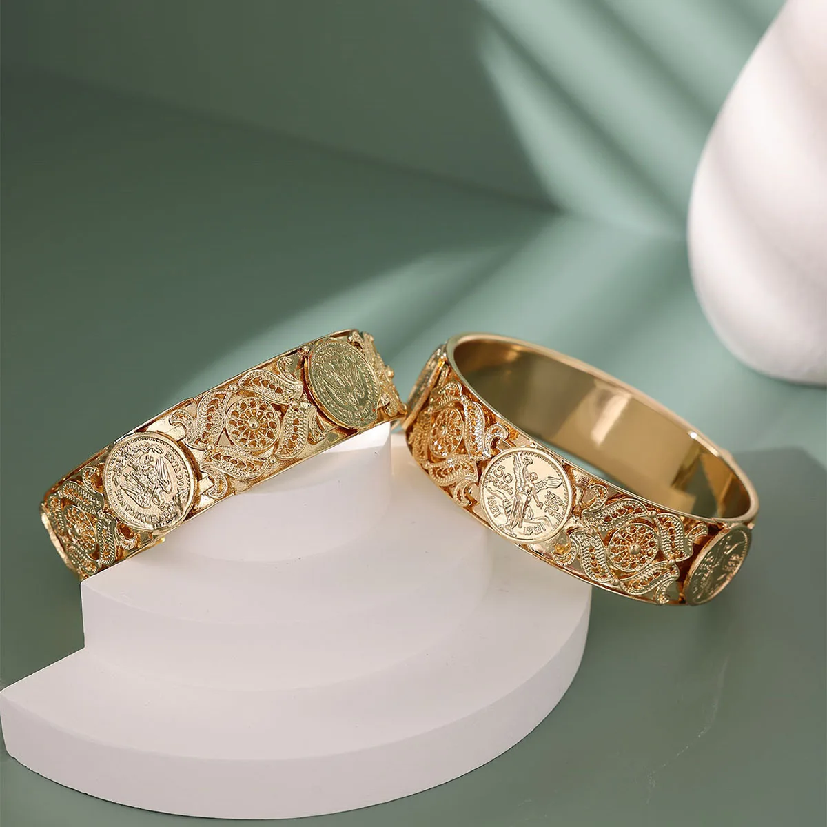 Gold Color Wedding Dress Jewelry Angell Coin Bangel Hollow Pattern ...