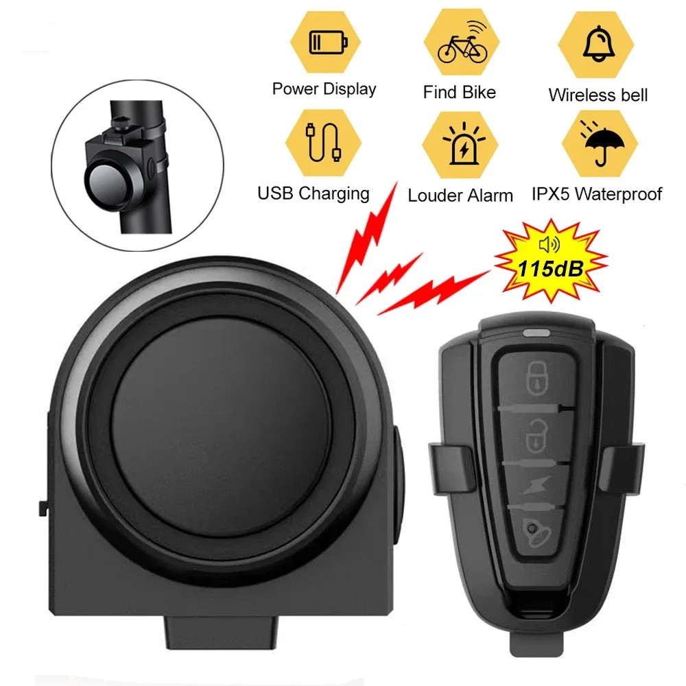 115dB Wireless Bike Vibration Alarm USB Charging Remote Control ...