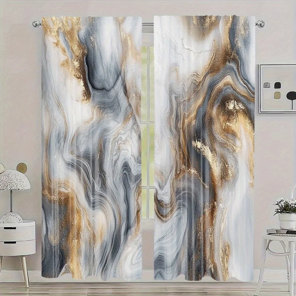 2pcs Marble Art Curtains – Classic Black Sheer Design in Polyester with ...
