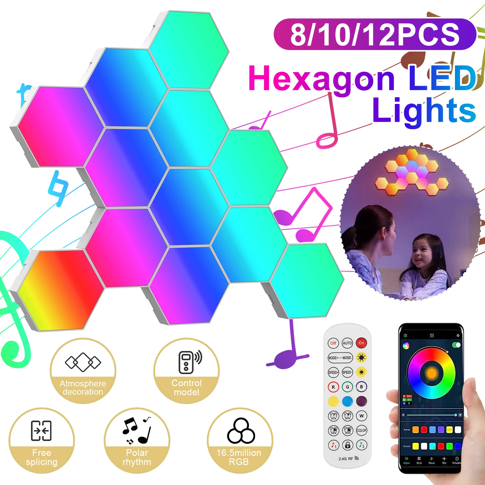 8-10-12Pcs-RGB-LED-Hexagon-Light-Modular-DIY-Hexagon-Wall-Light-APP ...