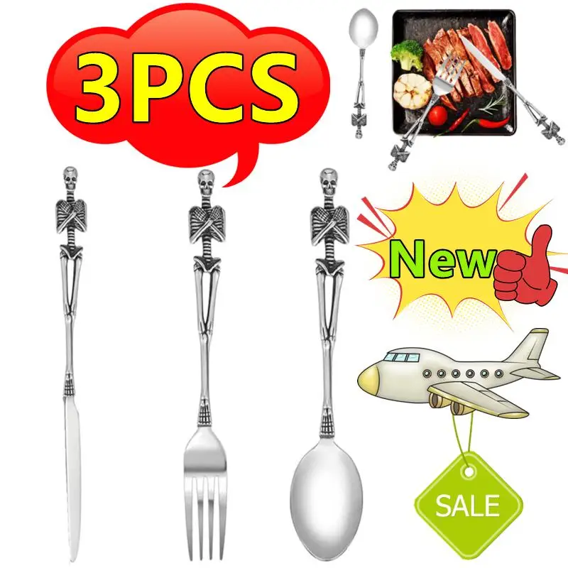 New 3/1PC Dinnerware Set Skeleton Head Spoon Fork Tableware Kitchen ...