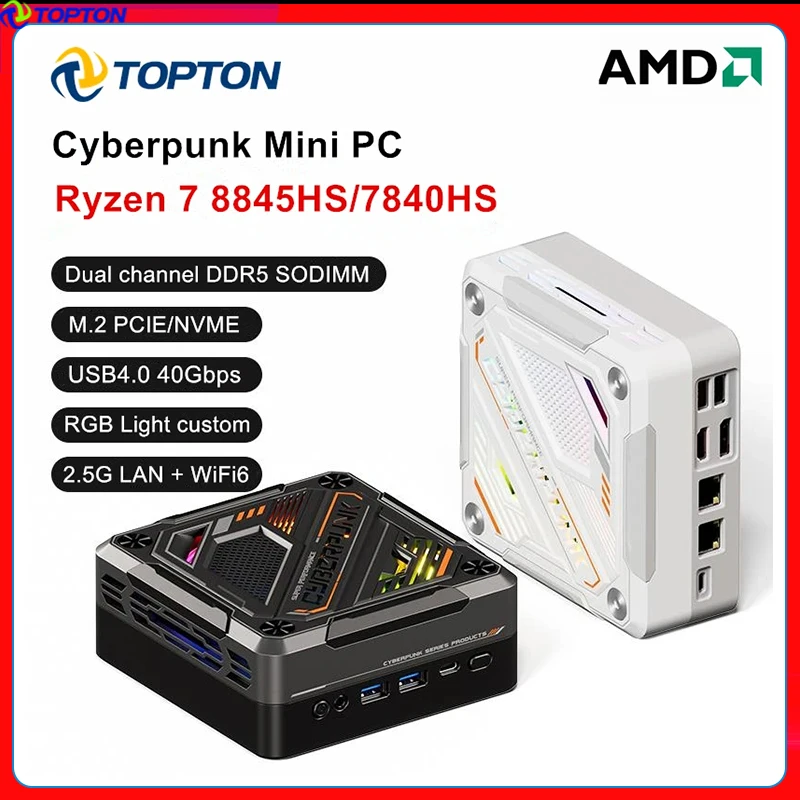 TOPTON-Cyberpunk-Gamer-PC-AMD-Ryzen-7-8845HS-7840HS-7735HS-Mini-PC-RGB ...
