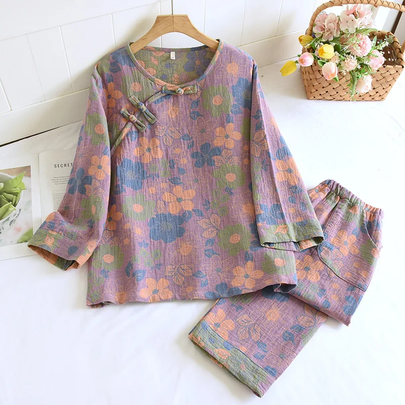 Autumn-Sleepwear-Women-s-Cotton-Retro-Long-Sleeve-Pajamas-Floral ...