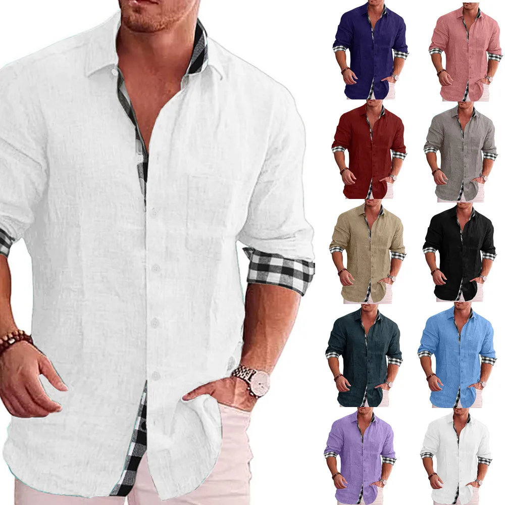 Camicetta-scozzese-da-uomo-in-cotone-e-lino-camicie-da-lavoro-da-uomo-a ...