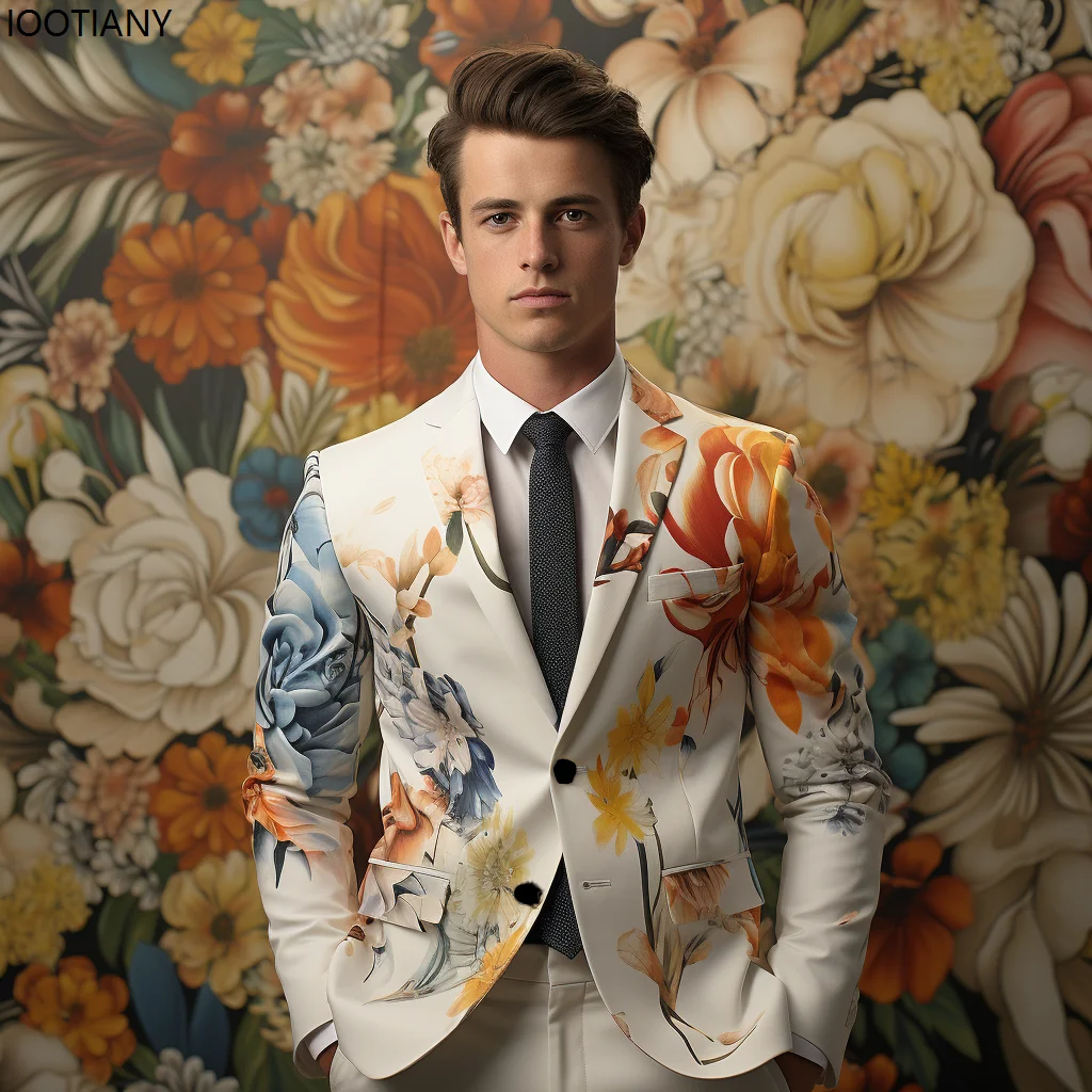 Men Floral Print Suit Jacket Colorful Jacquard Jackets Business Casual ...
