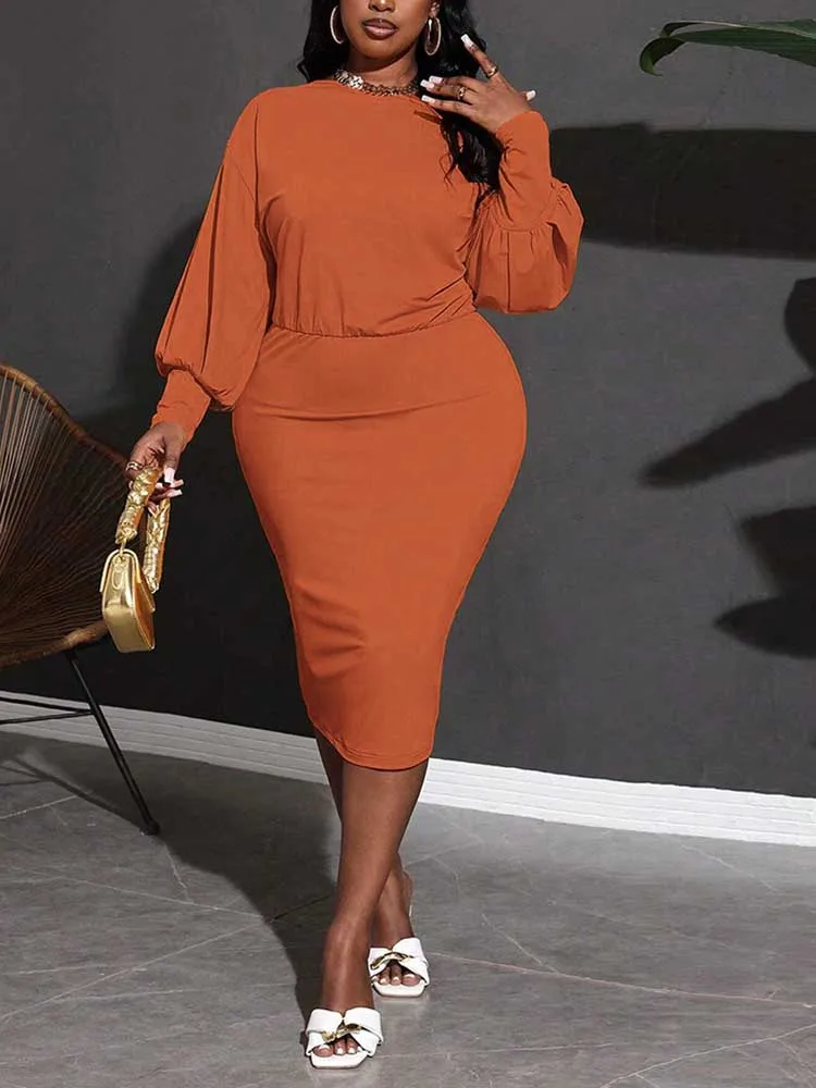 Autumn and Winter Dresses Plus Size for Womens Clothing Solid Orange ...