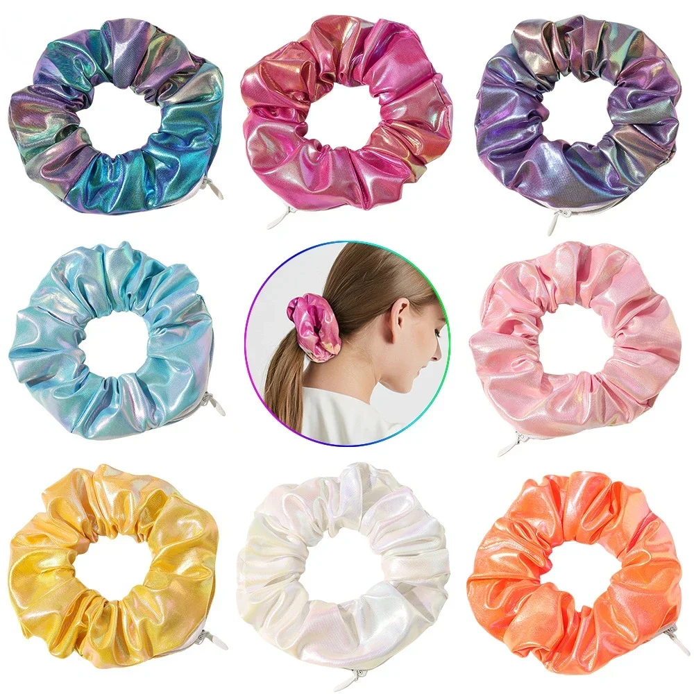 PU Shiny Laser Hair Scrunchies with Zipper Pocket Elastic Hidden Pocket ...