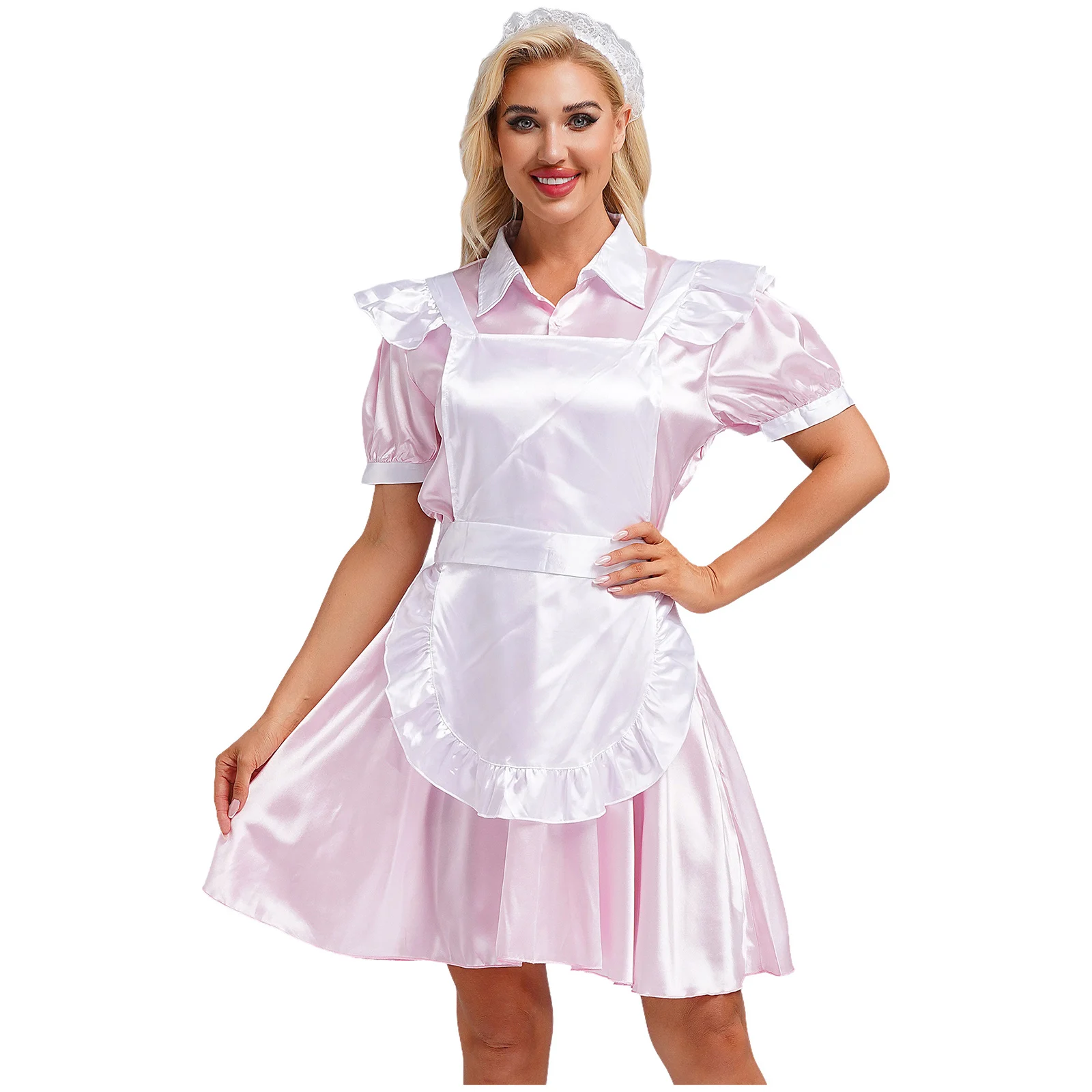 Womens French Maid Cosplay Costume Puff Sleeve Satin Dress with Apron ...