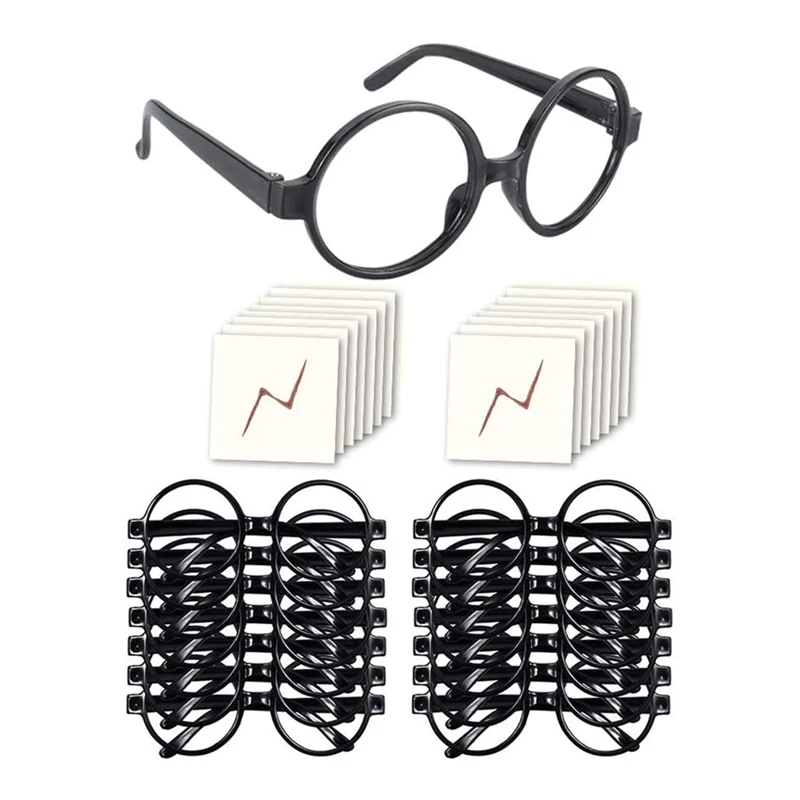 16Pcs-Wizard-Glasses-With-Round-Frame-No-Lenses-And-Tattoos-For-Kids ...