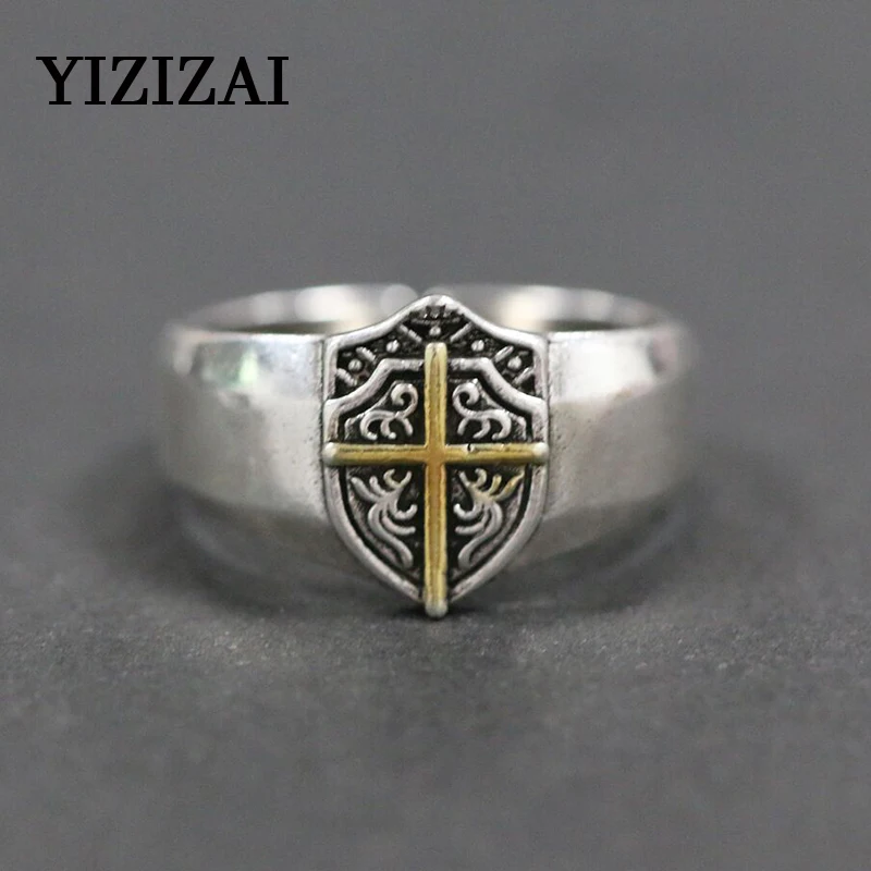 YIZIZAI-Men-Freedom-Knight-Shield-Cross-Ring-Vintage-Punk-Simple-Silver ...