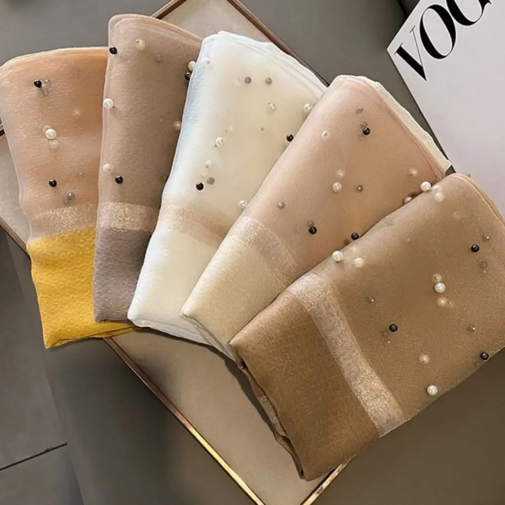 Elegant Pearls Silk Scarf Shawls Transparent Sunscreen Mesh Neck ...