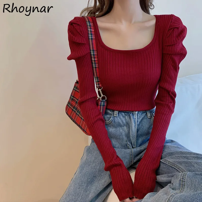 Pullovers Women Spring Solid Slim Square Collar Casual Popular Trendy ...