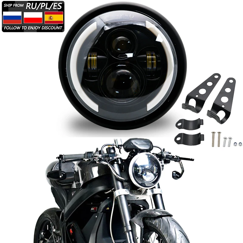 Universal 7.5 inch LED Retro Bucket Motorcycle Modified Headlight Hi/Lo ...