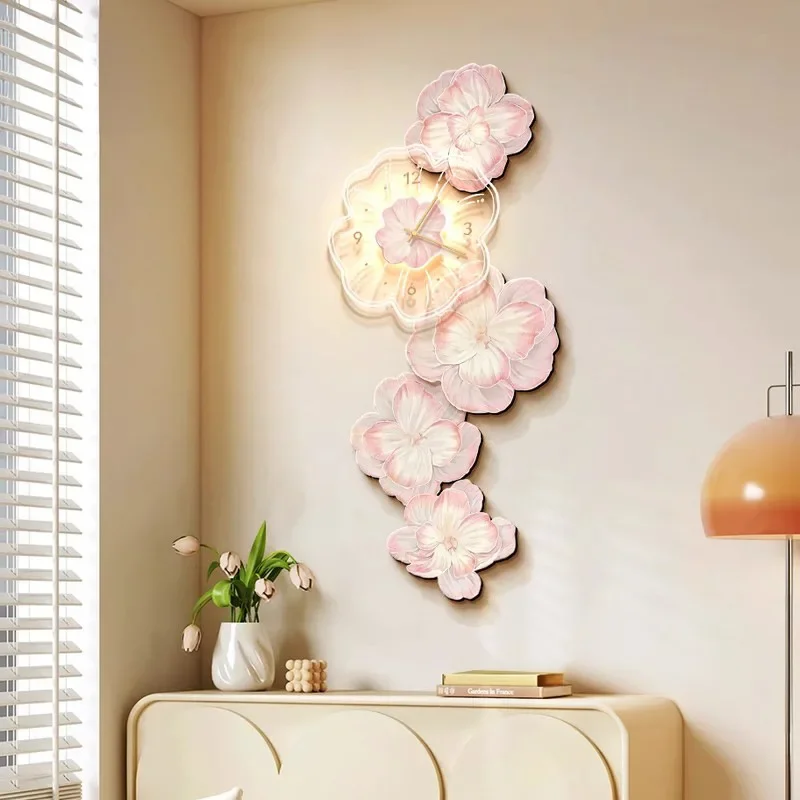 Pink Flower Light Luxury Wall Clock Creative Home Decor Painting for ...