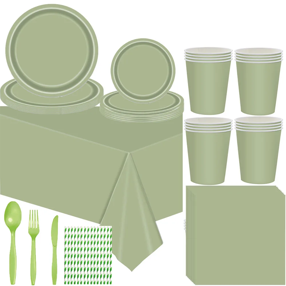 Solid Color Sage Green Party Supplies Disposable Tableware Jungle ...
