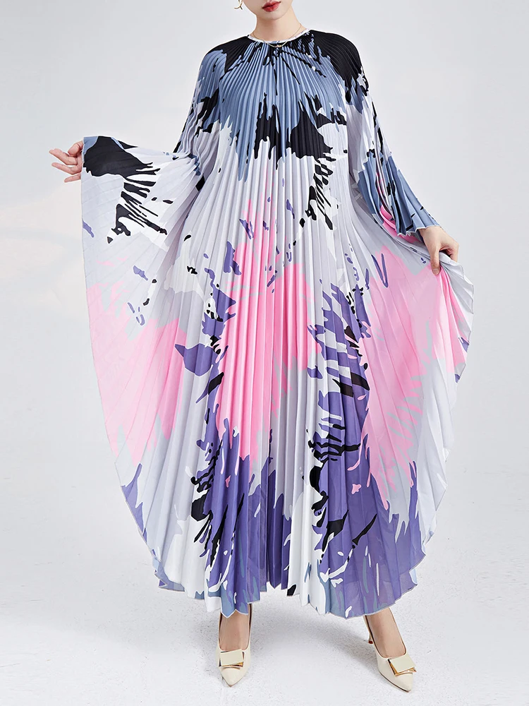 ANLAN-Robe Plissée à Col Rond et Manches Chauve-Souris pour Femme ...