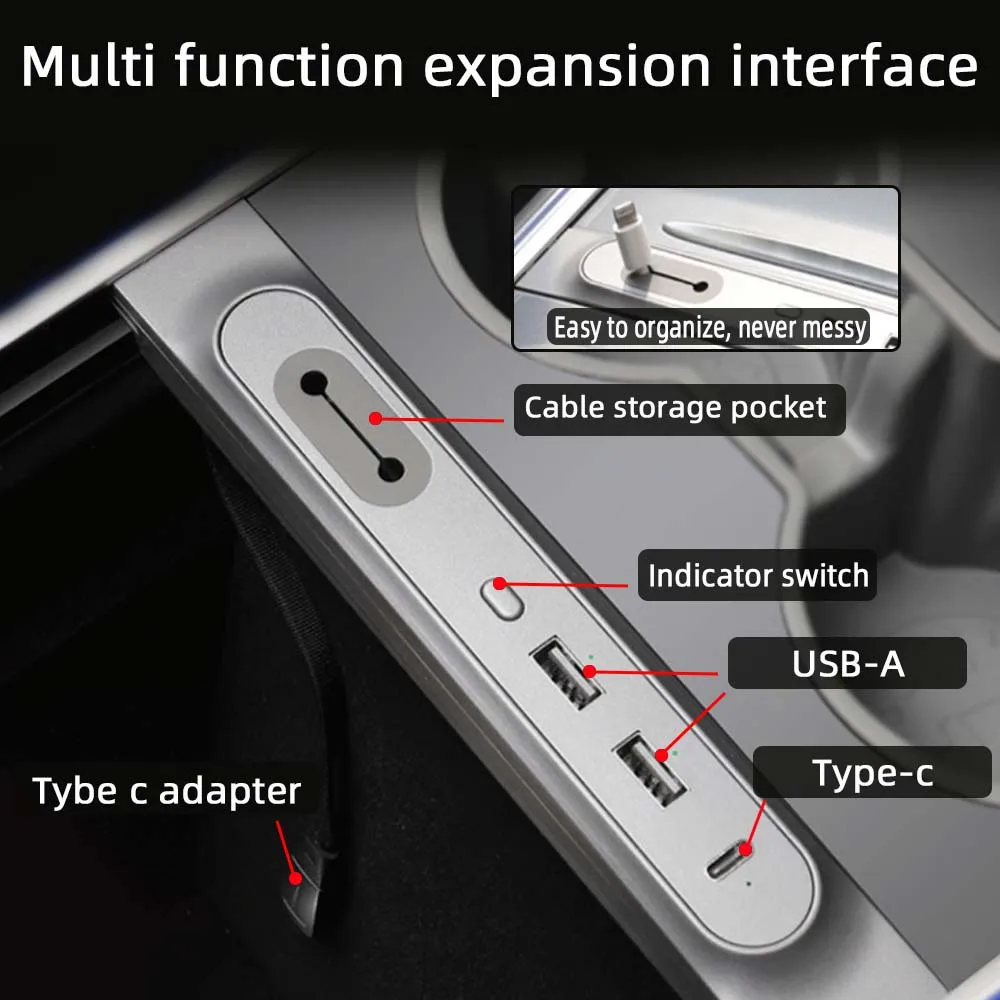 For-Tesla-Model-3-Y-Docking-Station-Type-C-Fast-Charger-USB-Hub-Car ...