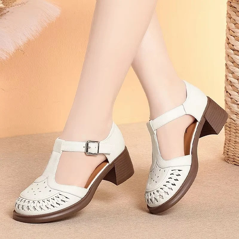 5cm Elegant Office Ladies T Strap Round Head Cutout Soft Leather ...