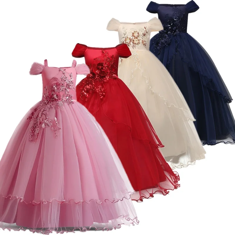 Red Christmas Party Girl Kids Dress Flower Long Lace Elegant Princess ...