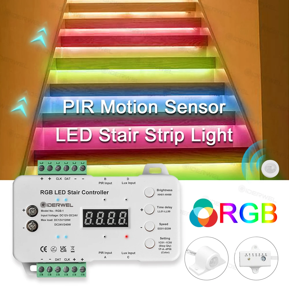 RGB LED Stair Light Strip PIR Motion Sensor Dimming Daylight Sensor ...