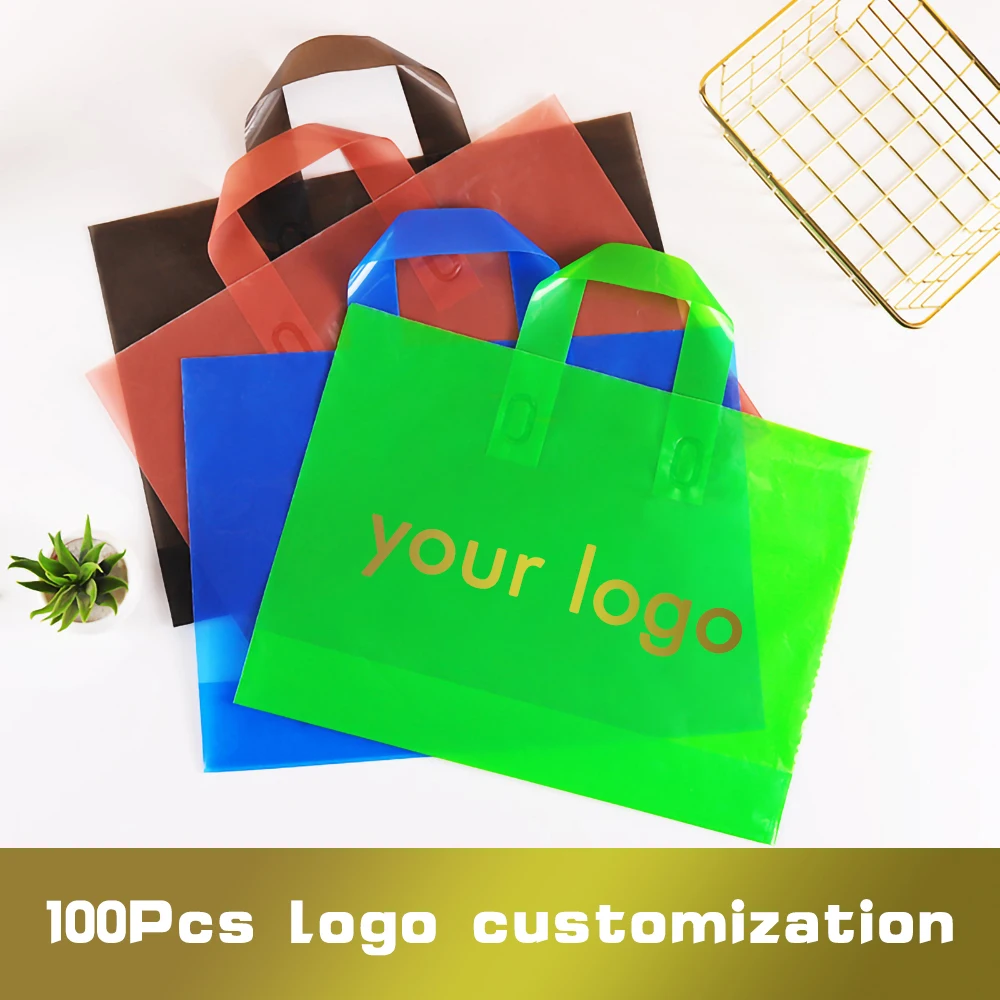New sales 100pcs Custom Logo transparent Shopping Bags Plastic Gift Bag ...