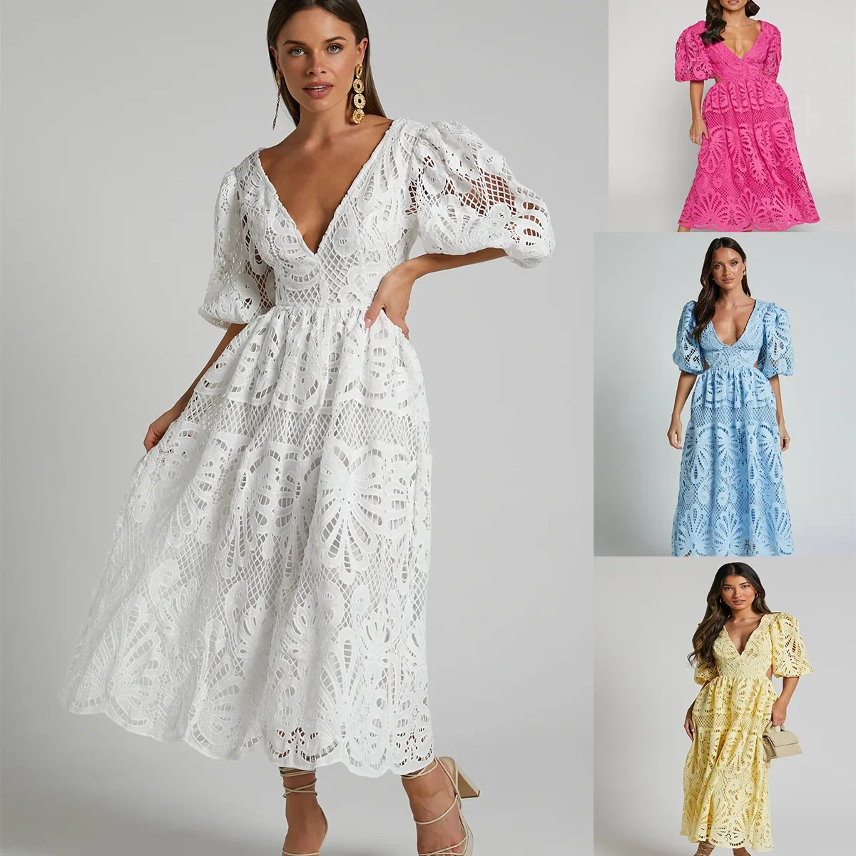 Vestido-longo-oco-sexy-feminino-Decote-em-V-Bordado-em-renda-Roupa-de ...