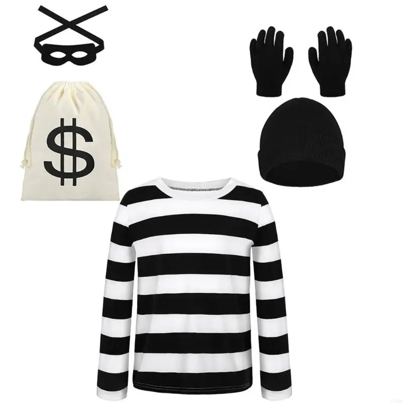 Robber Costume Set Thief Cosplay Stripe T-shirt Caps Money Bag Eye Mask ...