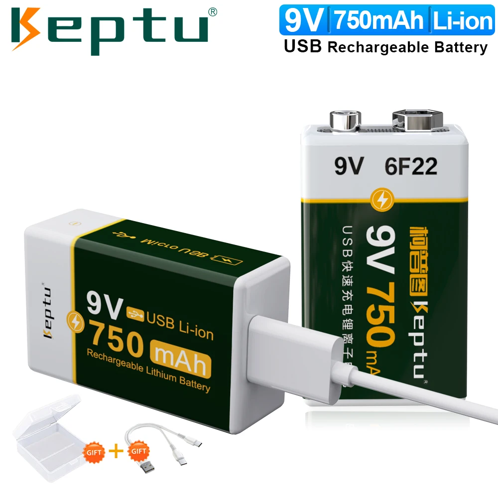 KEPTU-9V-Rechargeable-Lithium-Battery-750mAh-6F22-Micro-USB-9v-Li-ion ...