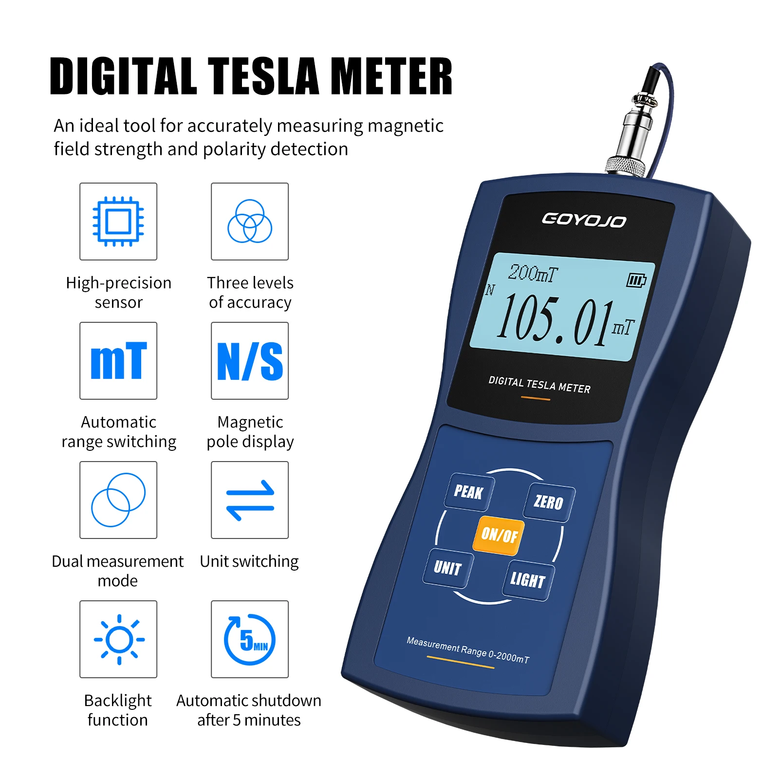 Gauss/Tesla Meter with High Precision Probe 0-20000Gs N/S Magnetic ...