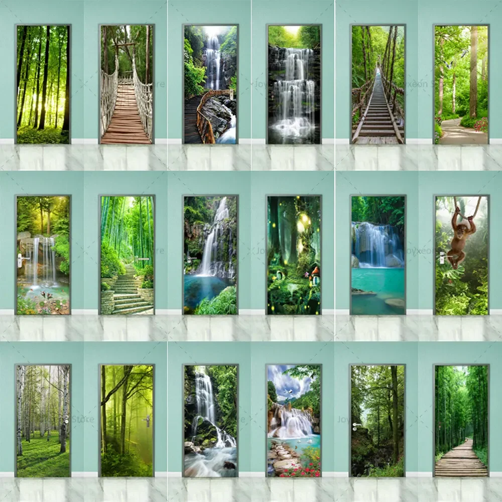 Natural-Style-Door-Green-Deep-Forest-Waterfall-Scene-Poster-Vinyl-PVC ...