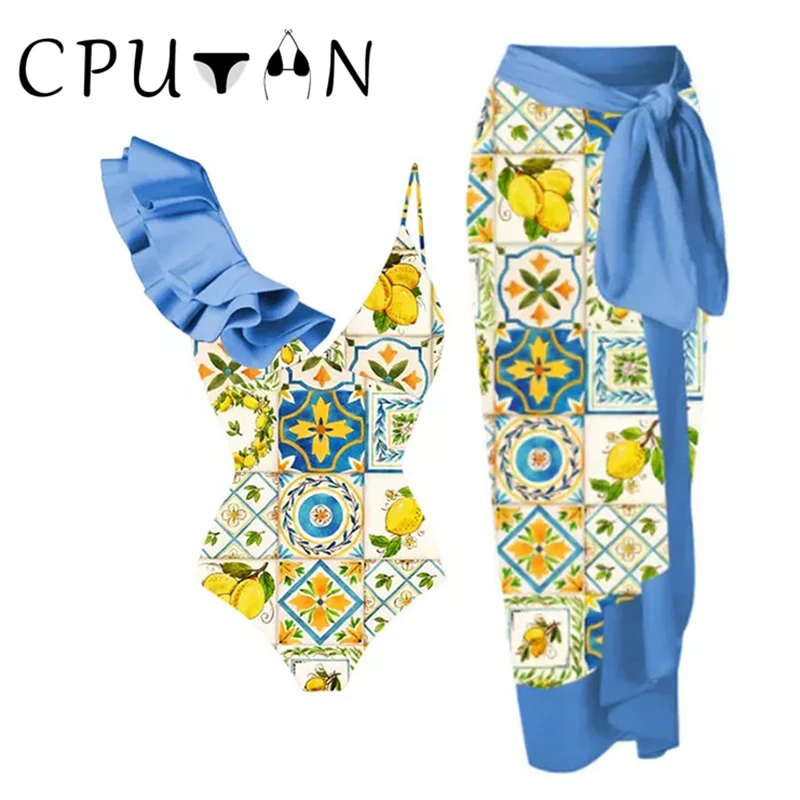 CPUTAN 2023 Female Retro Ruffle Swimsuit & Skirt Asymmetrical Holiday ...