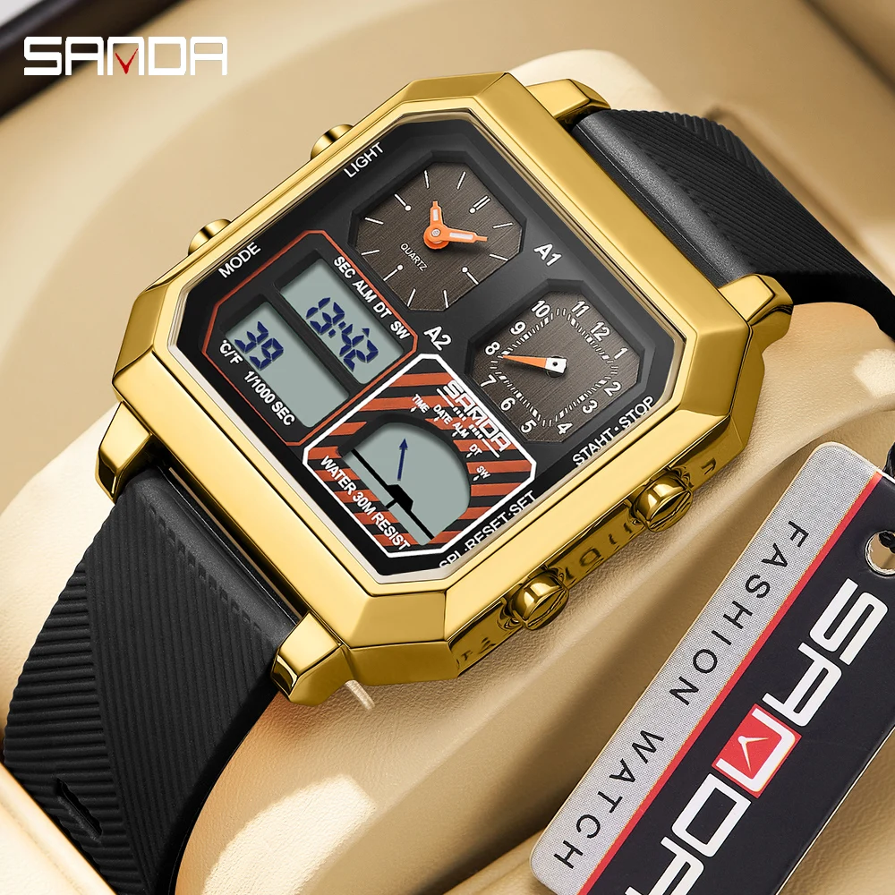 SANDA Men's Watch Square Dial Stopwatch Week Display Wristwatch Men ...