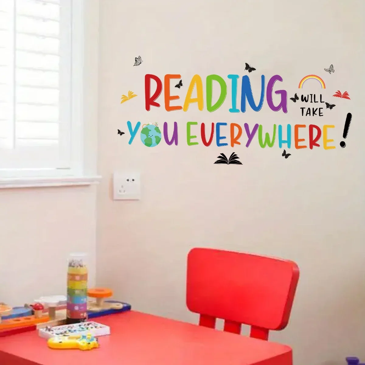 1Pc Cartoon Colorful "reading" Text Wall Sticker Bedroom Decoration ...
