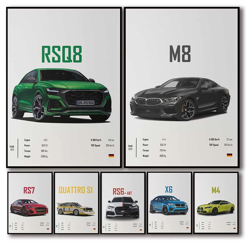 Pop-Retro-German-Cars-Poster-Aesthetic-Set-Luxury-Supercar-M8-M4-R8-RS6 ...