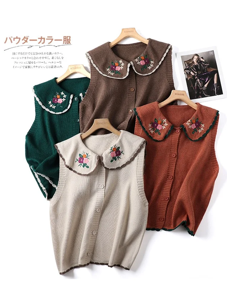 Lamtrip Unique Vintage Flowers Embroidery Kawaii Peter Pan Collar Single Breasted Knitted Vest ...