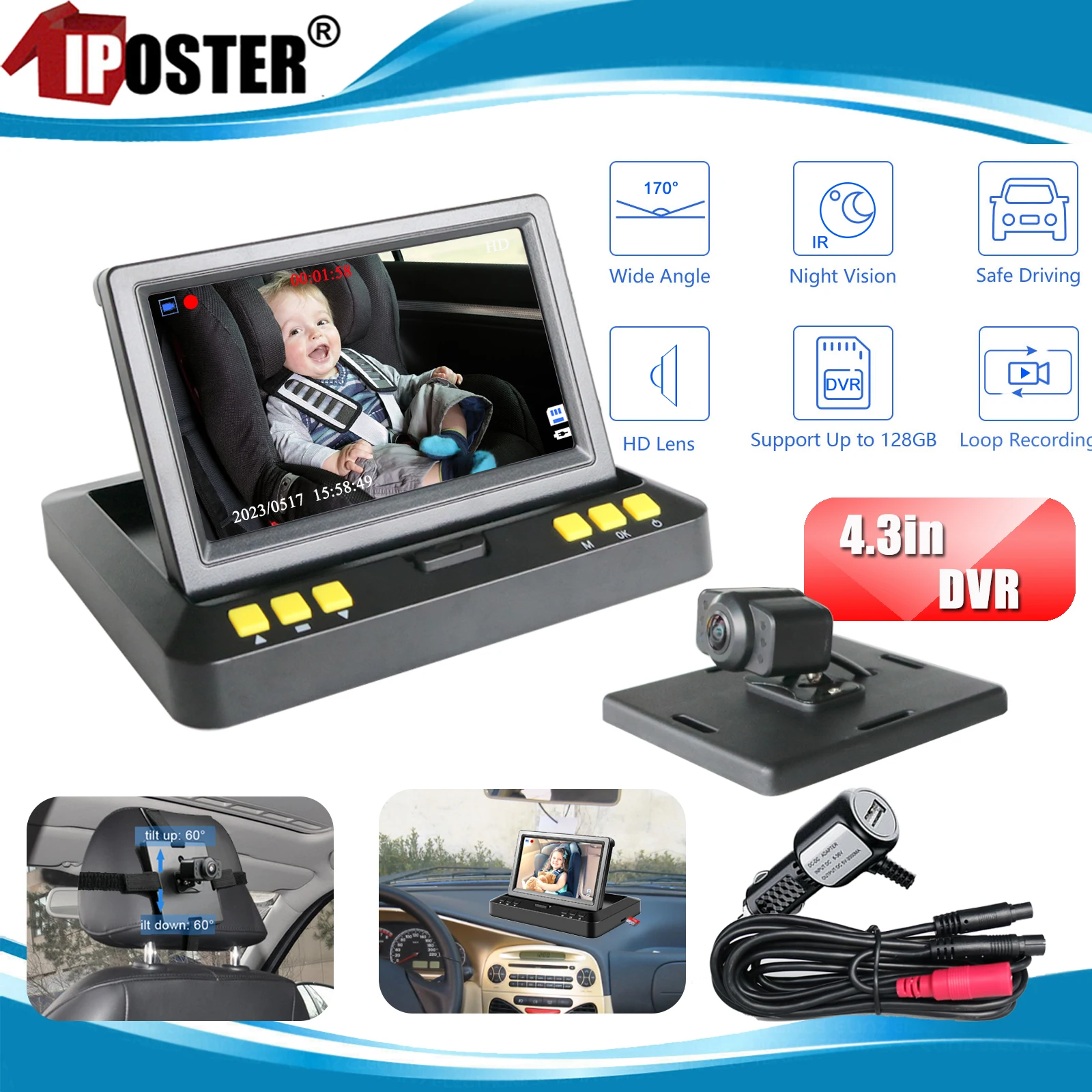 iPoster-4-3-Car-Baby-Monitor-DVR-View-Infant-in-Rear-Wide-View-Camera ...