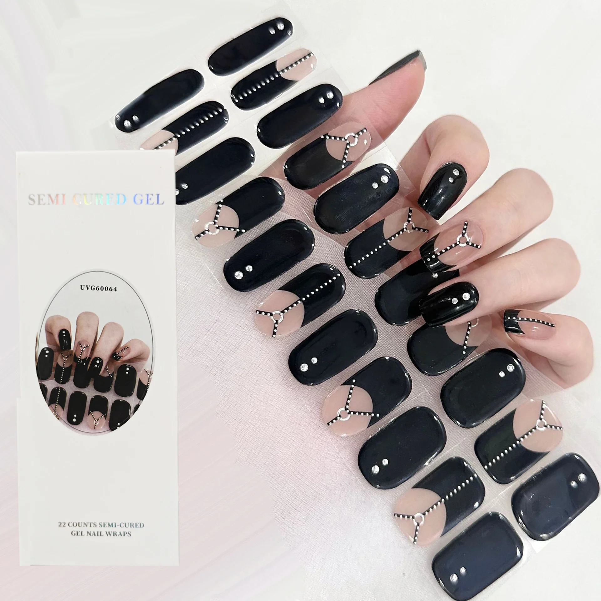 22Tips-Nude-Semi-Cured-Gel-Nail-Black-Nail-Glittet-Decal-Waterproof ...