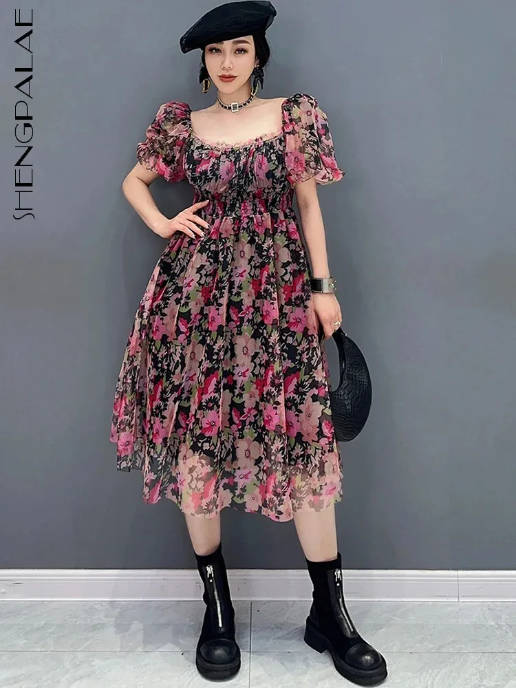 SHENGPALAE-Printed-Dress-Short-Sleeved-U-neck-A-line-Fragmented-Flower ...