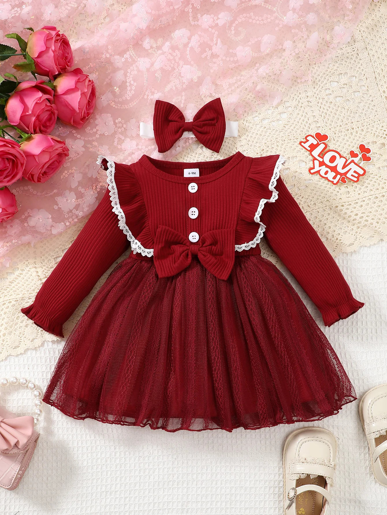 Baby Girl Spring and Autumn Romantic Mesh Splicing Pit Bar Round Neck ...