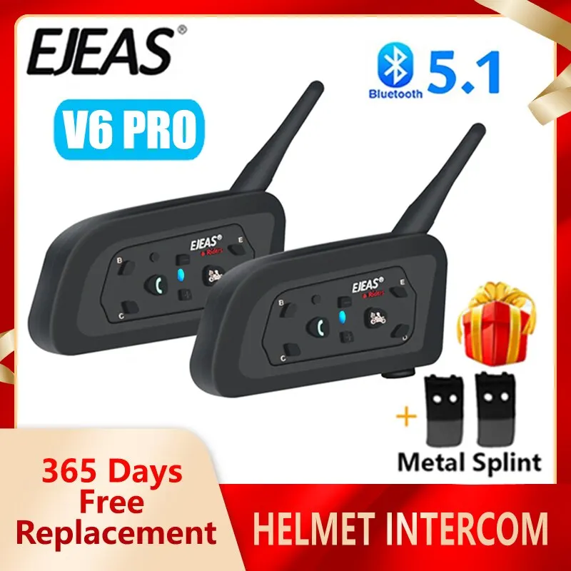 EJEAS V6 PRO Motorcycle Bluetooth Helmet Intercom Headset with 1200M BT ...