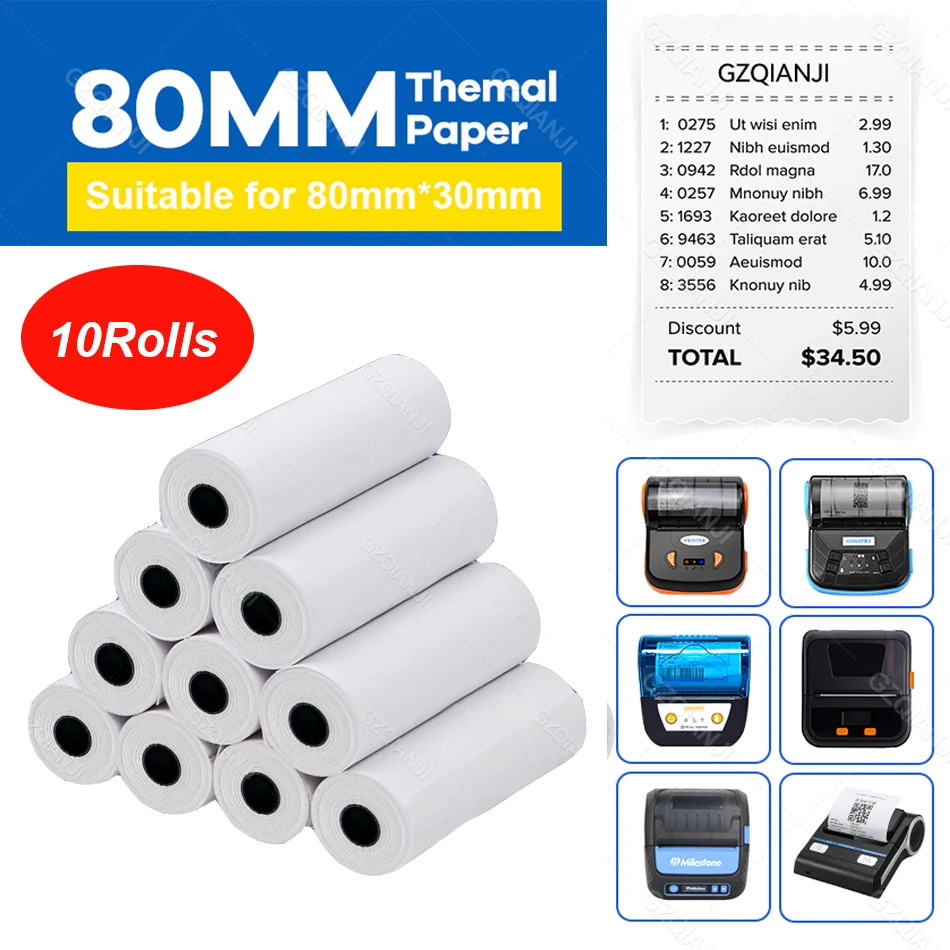 10 Rolls Thermal Pos Receipt Printer Paper 80*30mm Printing Label Bill ...