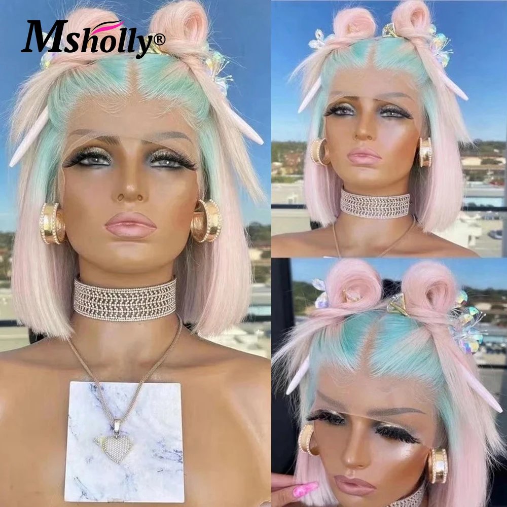 Highlight Wig Human Hair Pink Blue Straight Lace Front Wig 13x4 Lace ...