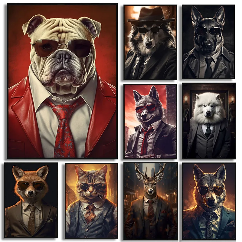 Funny-Mafia-Animals-Human-Body-Portrait-Canvas-Poster-Gangster-Boxer ...