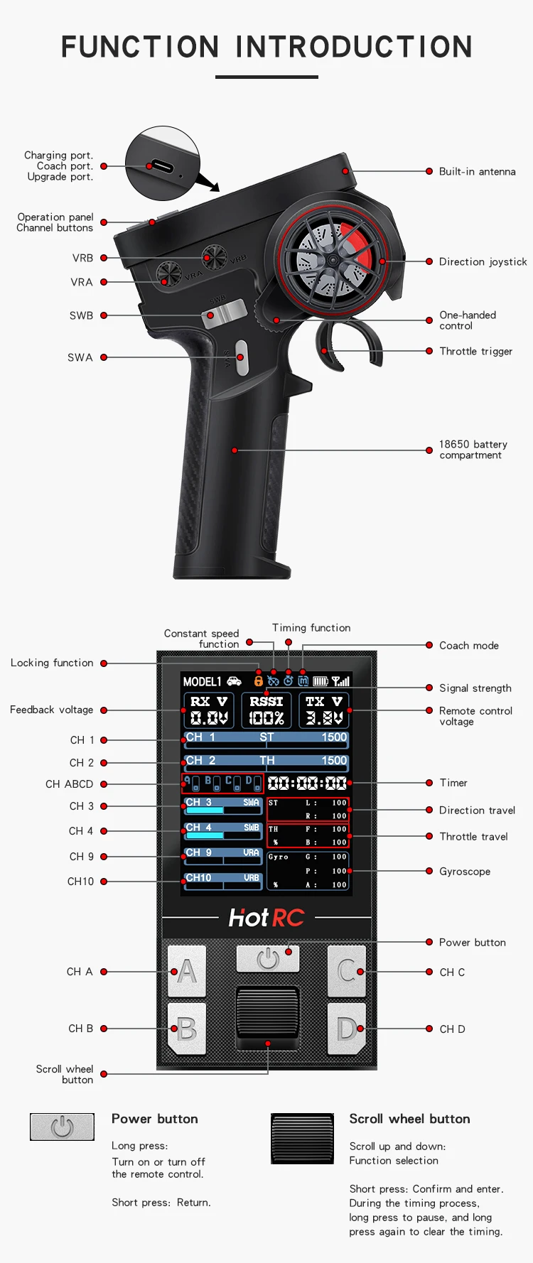 HOTRC CT-10B 10CH 2.4GHz Remote Controller Transmitter For RC Models