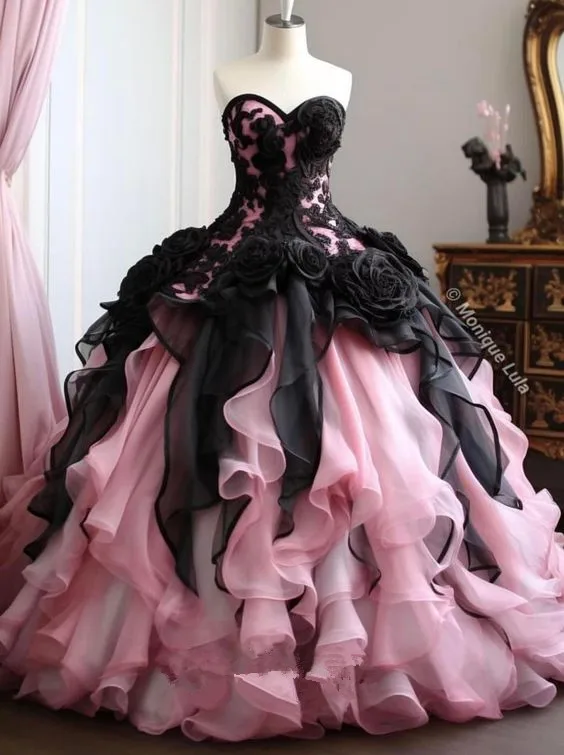Black-Pink-Princess-Fairy-Prom-Dresses-Sweetheart-Corset-Lace-up-Rose ...