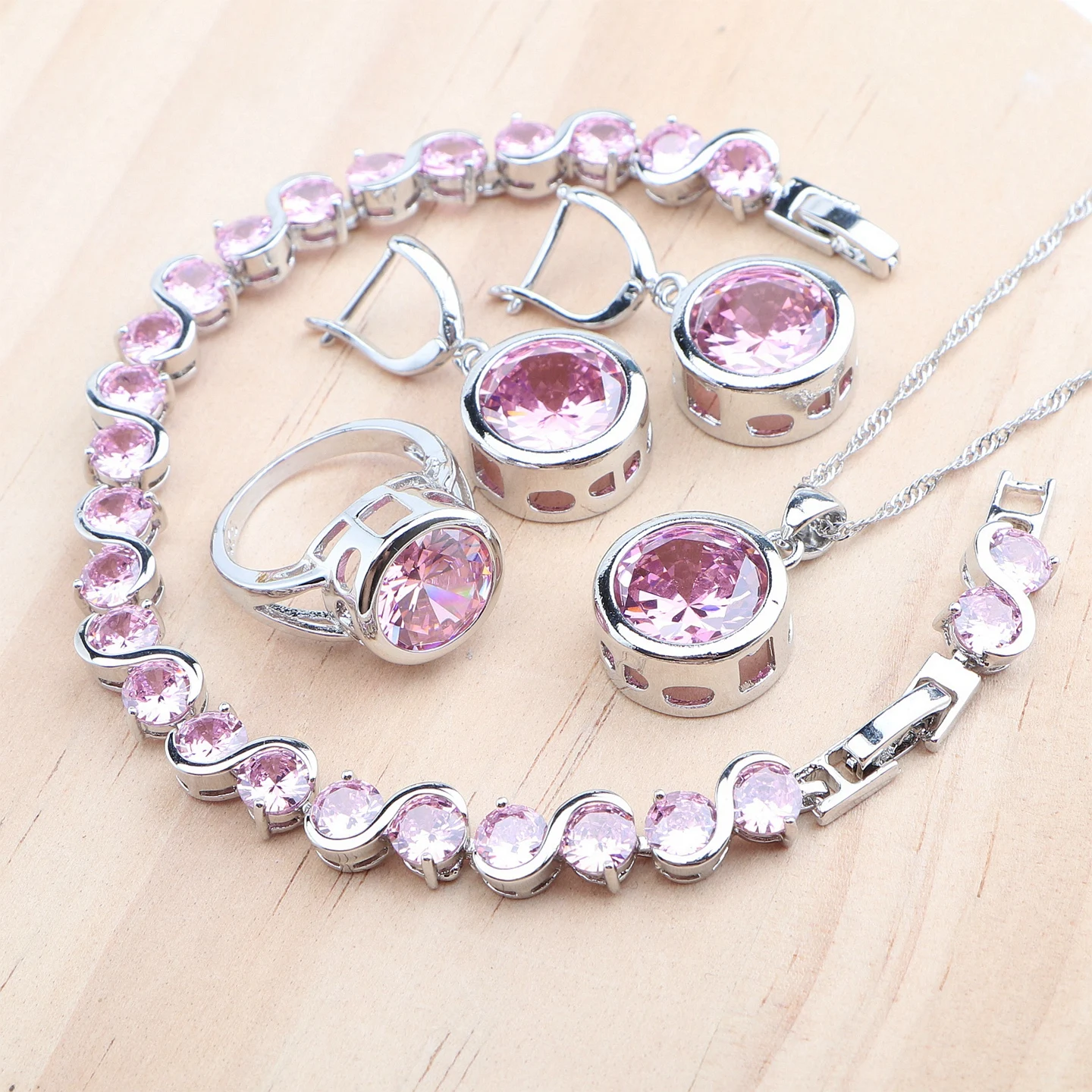 Pink-Zircon-925-Silver-Jewelry-Sets-Bridal-For-Women-Wedding-Rings ...