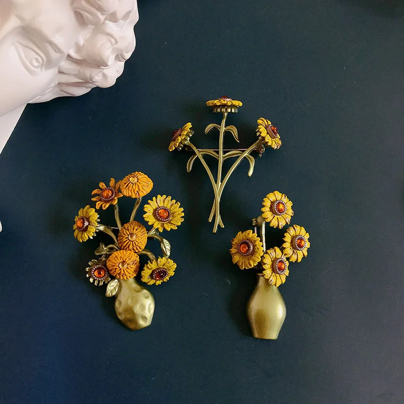 Retro Sunflower Vase Brooches For Women Autumn Winter Plant Brooch ...