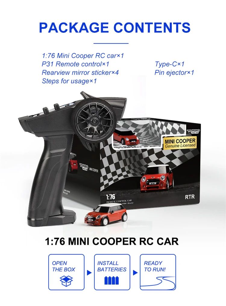 Licensed Mini Cooper F56 3 Door Hatch 1/76 Radio Control Turbo Racing RC Car RTR Kit For Kids ...