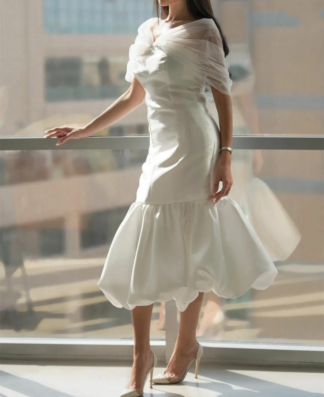 Vintage-Short-Satin-Off-Shoulder-Ivory-Evening-Desses-Mermaid-Tulle ...